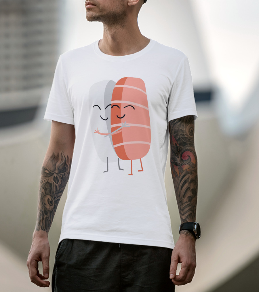 Kawaii Sushi Hugging Salmon Nigiri Cartoon T-Shirt