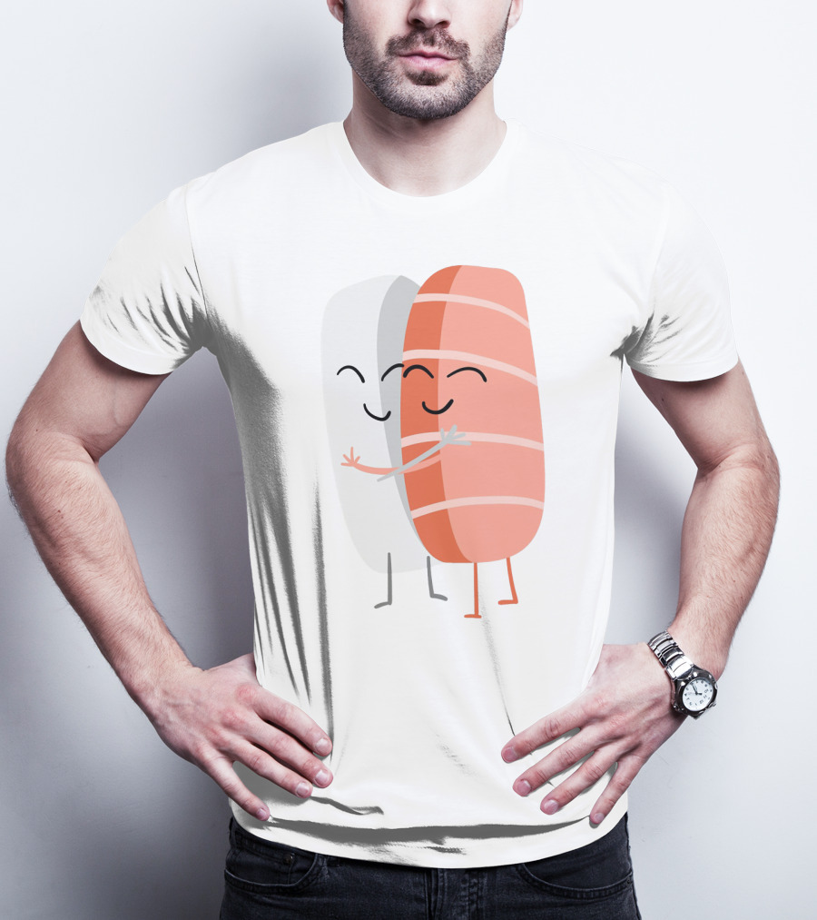 Kawaii Sushi Hugging Salmon Nigiri Cartoon T-Shirt