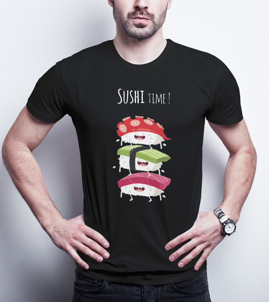 Sushi Time Funny Animated Sushi Stack With Smiling Rice Characters T-Shirt