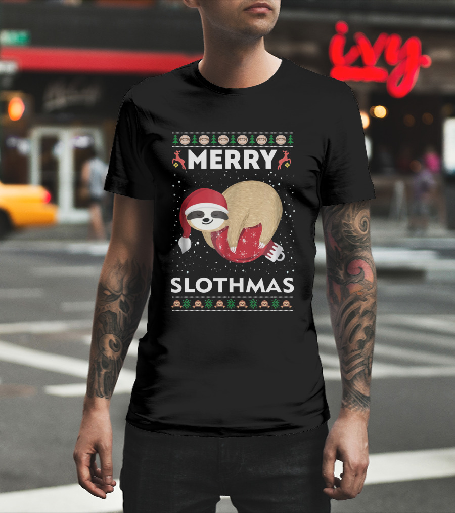 Merry Slothmas Ugly Christmas Sweater Sloth Holiday Festive Santa Hat T-Shirt