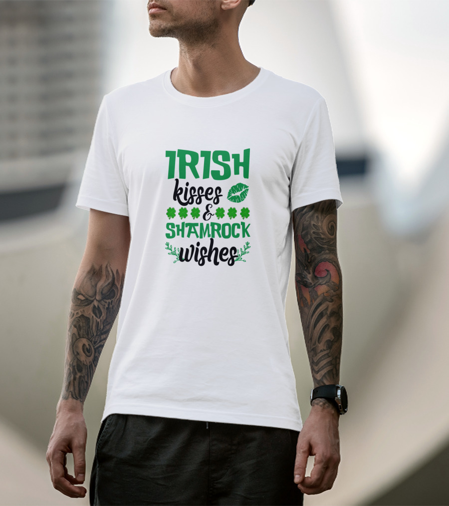 Irish Kisses And Shamrock Wishes With Clovers And Green Lips T-Shirt