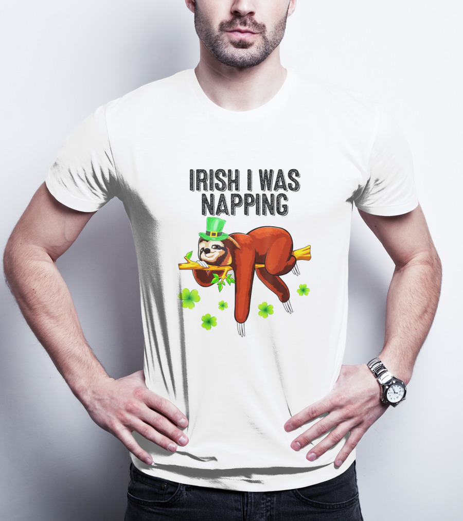 Irish I Was Napping Sloth With Shamrocks And Leprechaun Hat T-Shirt