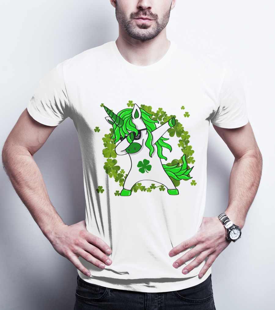 St. Patrick's Day Clover Unicorn Dabbing With Shamrock Mane Surrounded By Green Clovers T-Shirt