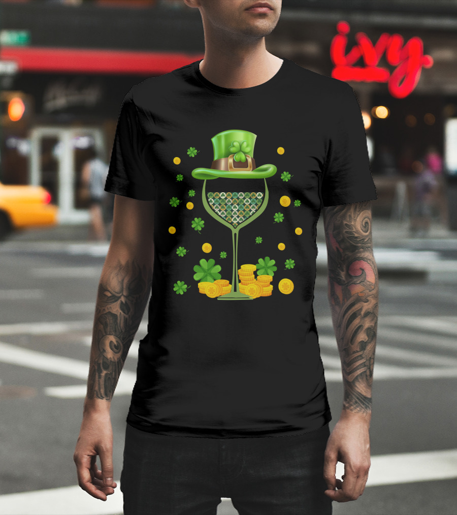 Patrick's Day Wine Glasses Leprechaun Hat Clover Coins T-Shirt