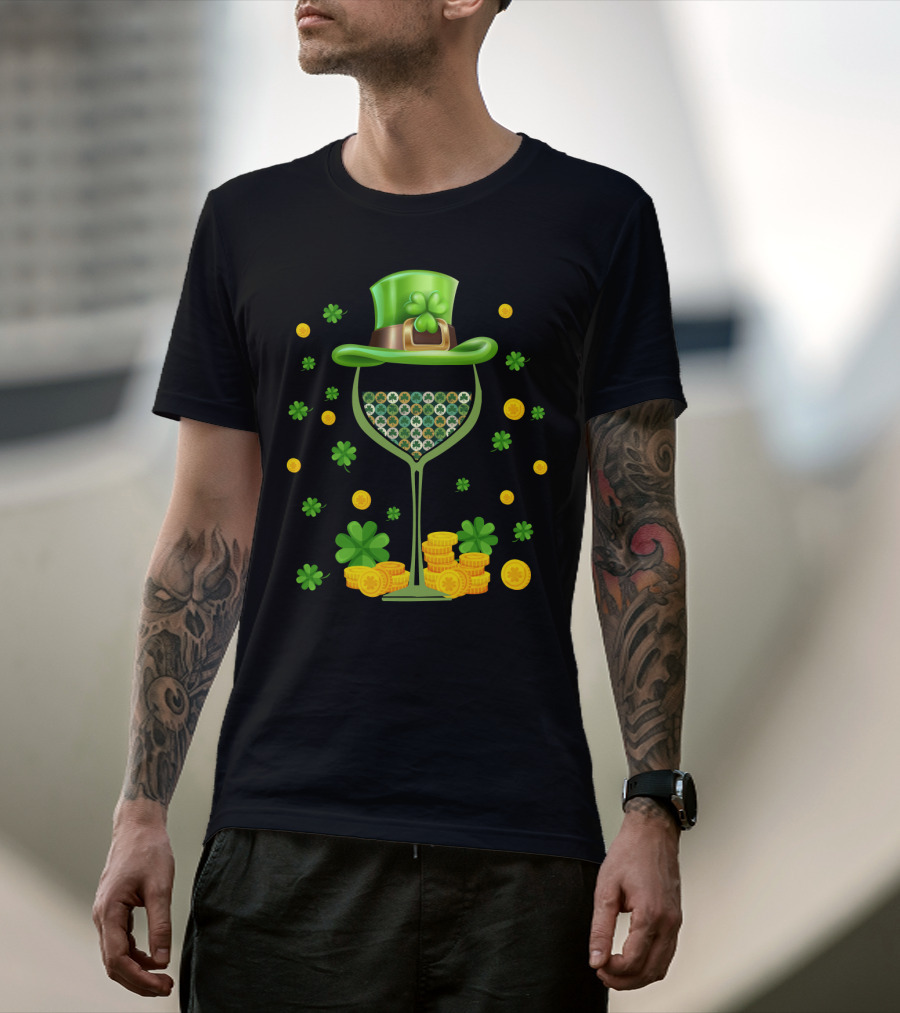 Patrick's Day Wine Glasses Leprechaun Hat Clover Coins T-Shirt