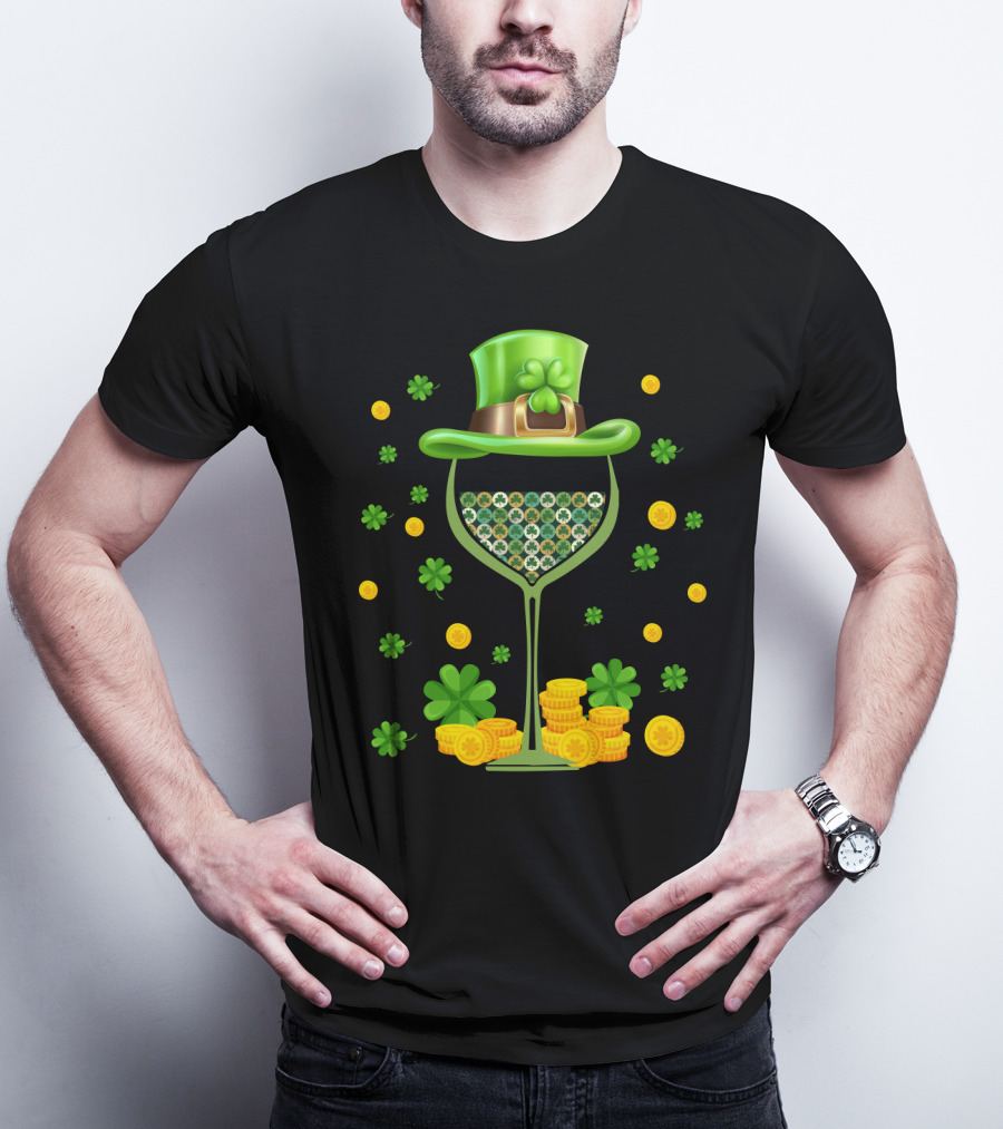Patrick's Day Wine Glasses Leprechaun Hat Clover Coins T-Shirt