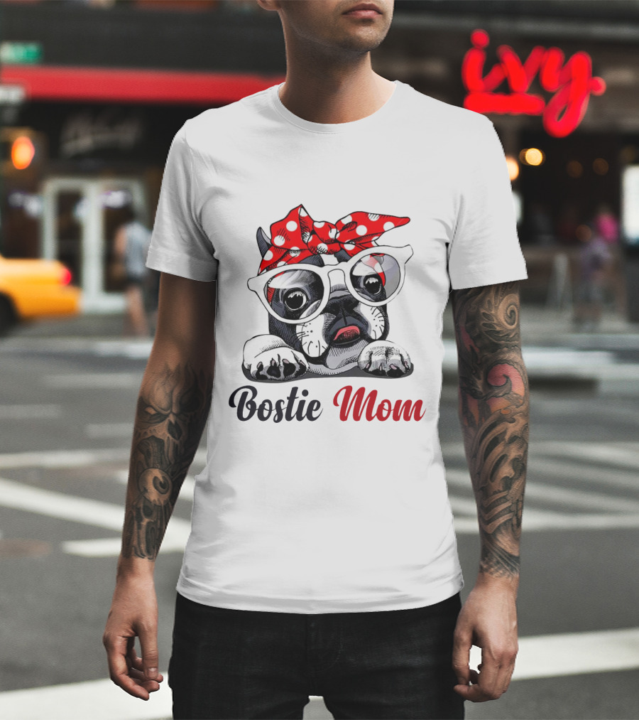 Bostie Mom Glasses And Red Polka Dot Headband Dog T-Shirt