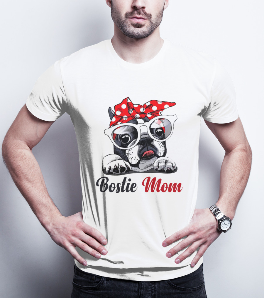 Bostie Mom Glasses And Red Polka Dot Headband Dog T-Shirt