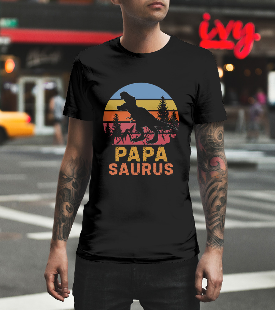 PAPA SAURUS Rex Dinosaur Silhouette Vintage Sunset T-Shirt