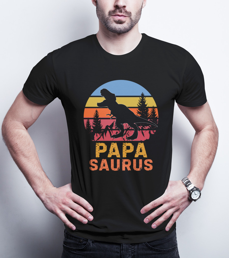 PAPA SAURUS Rex Dinosaur Silhouette Vintage Sunset T-Shirt