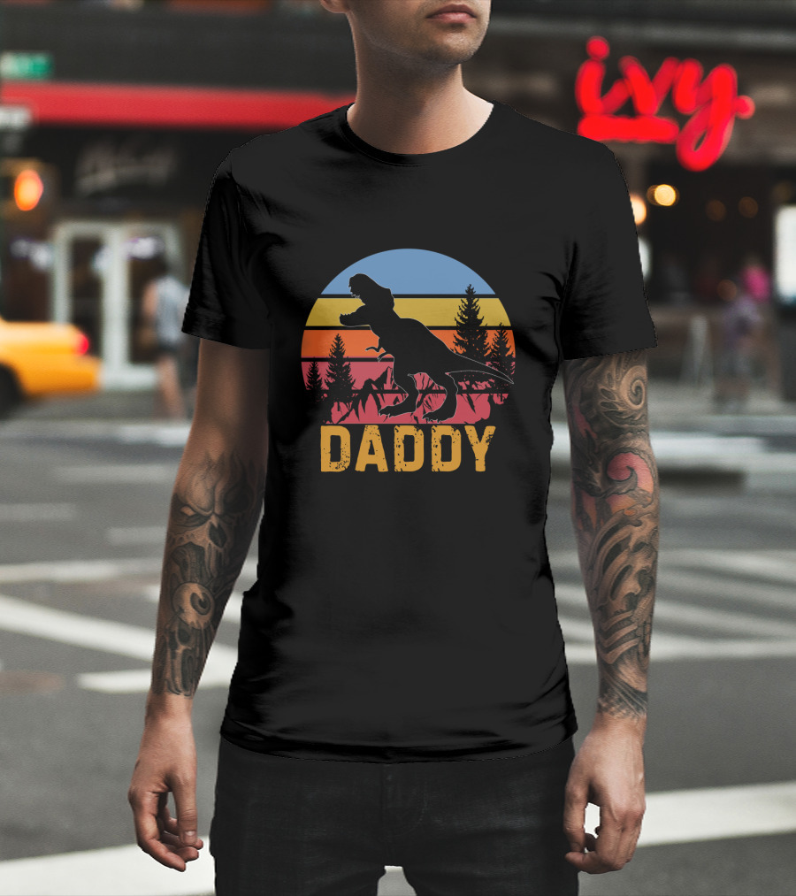 Daddy Saurus Dinosaur Sunset Silhouette Retro Vintage T-Shirt