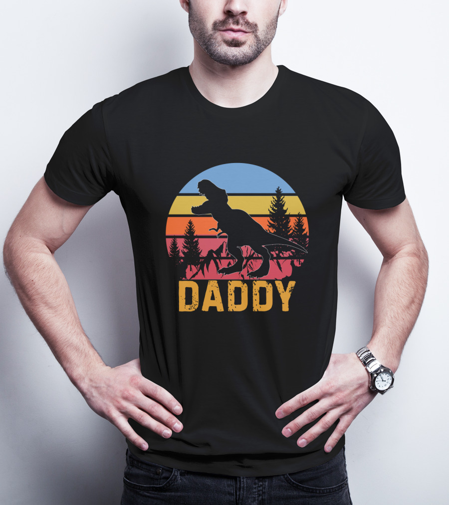 Daddy Saurus Dinosaur Sunset Silhouette Retro Vintage T-Shirt