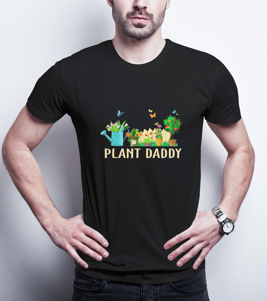 PLANT DADDY Watering Can Butterflies Flowers Garden Fence T-Shirt