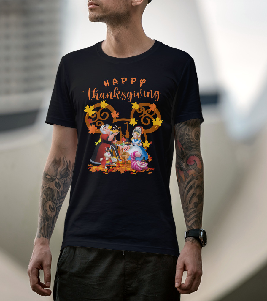 Happy Thanksgiving Alice Queen Mad Hatter Cheshire Cat Leaves T-Shirt