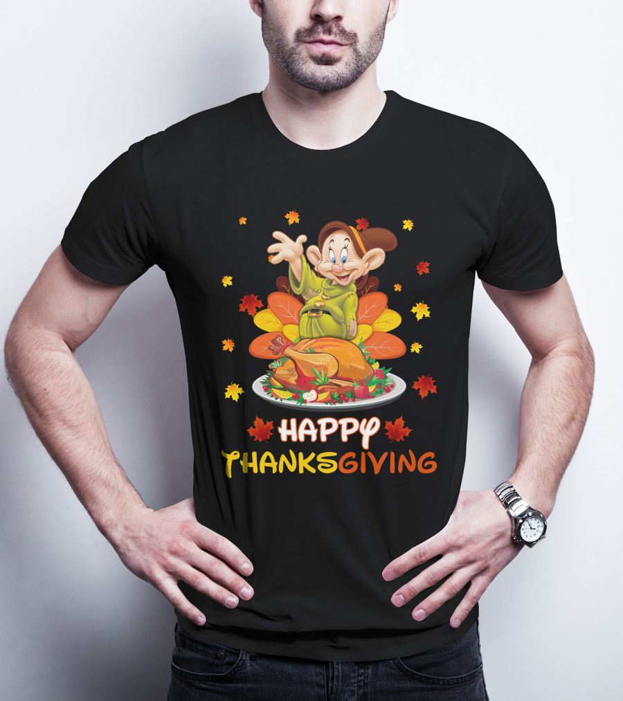 Dopey Happy Thanksgiving With Turkey And Autumn Leaves T-Shirt