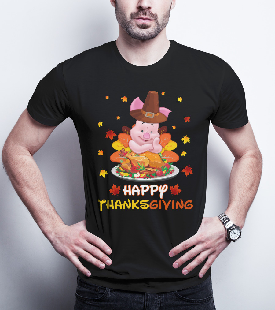 Happy Thanksgiving Piglet Feast With Autumn Leaves And Pilgrim Hat T-Shirt