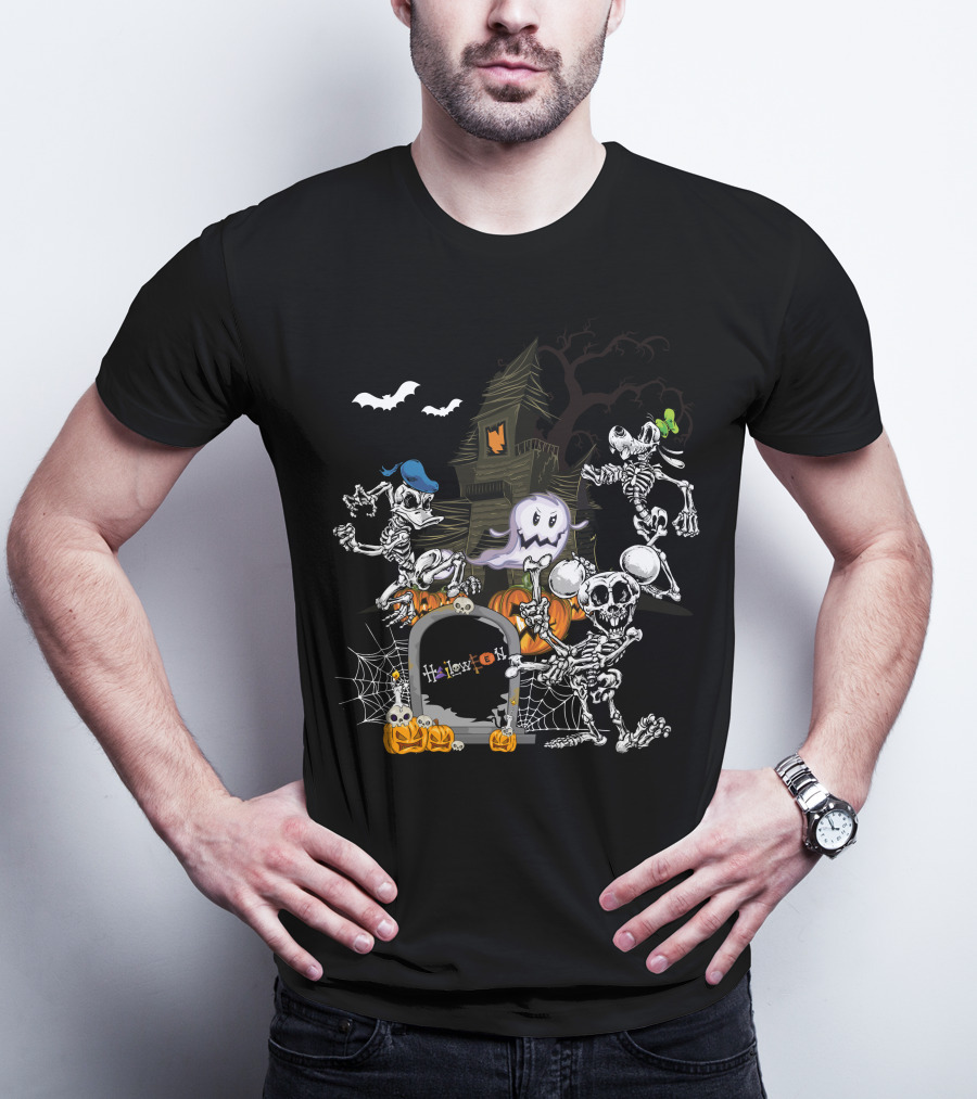 Haunted House Skeleton Dance With Ghost Webs Pumpkins And Bats Halloween T-Shirt