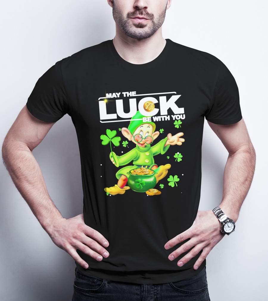MAY THE LUCK BE WITH YOU Green Leprechaun With Gold Coins And Shamrocks T-Shirt