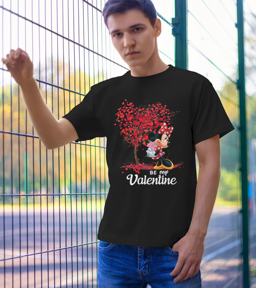 Be My Valentine Minnie With Heart Tree And Flowers T-Shirt