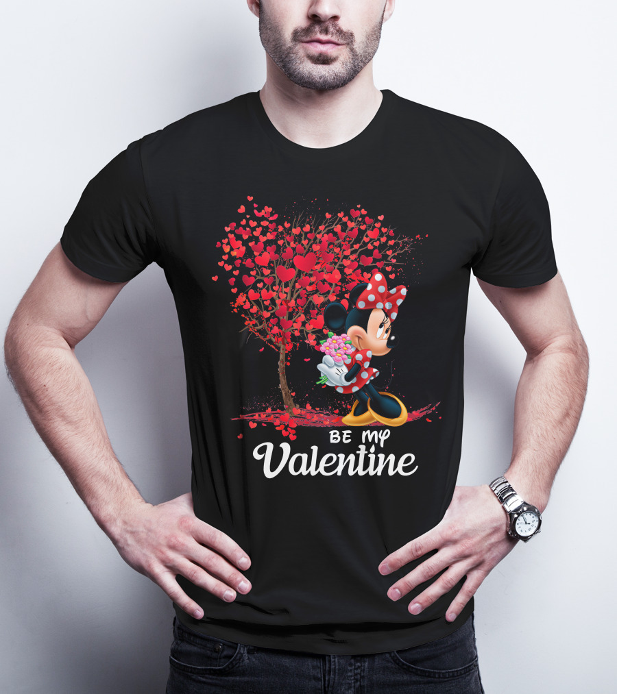 Be My Valentine Minnie With Heart Tree And Flowers T-Shirt