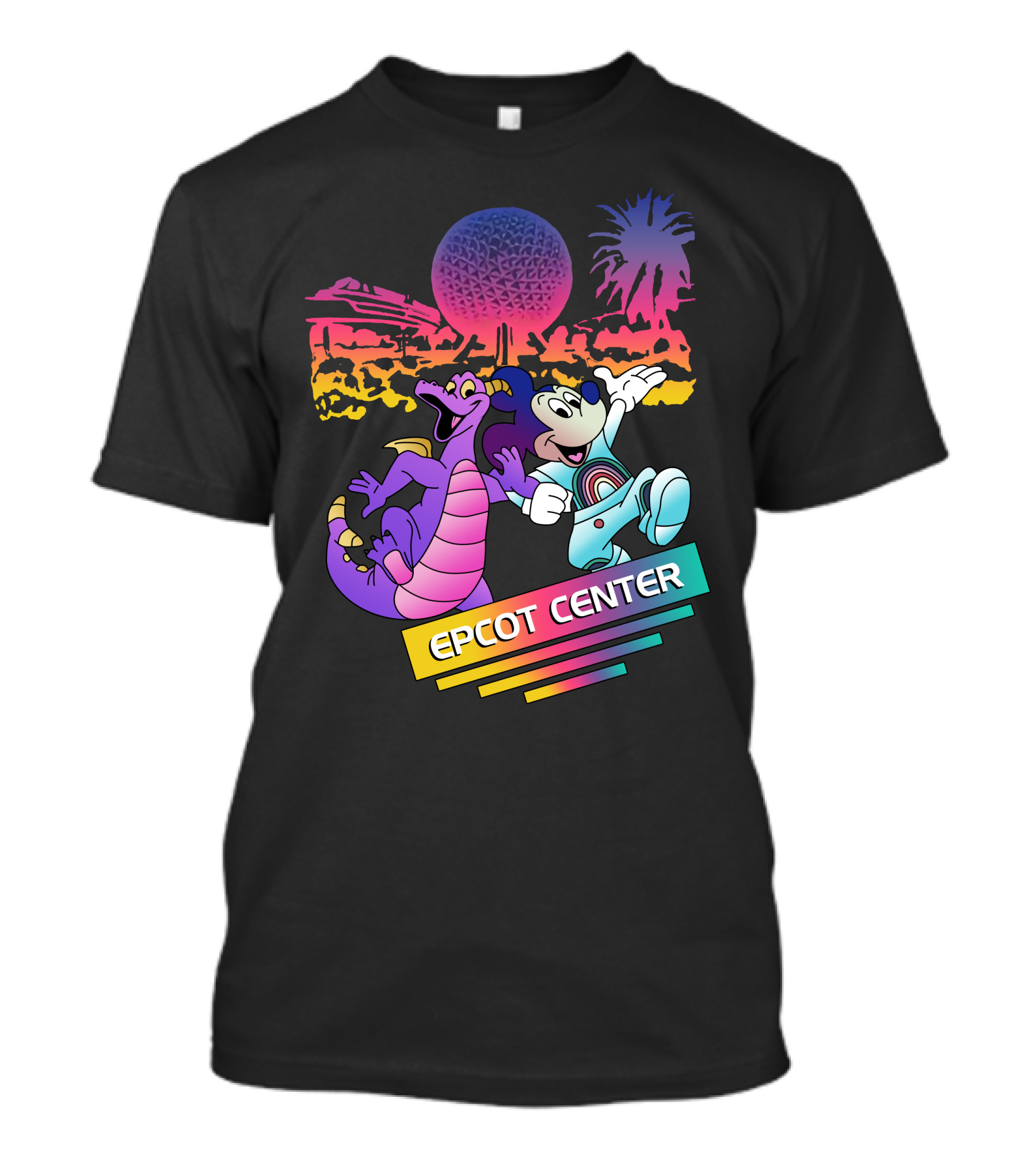 EPCOT CENTER Figment And Mickey Spaceship Earth Retro Spectrum Colors T-Shirt