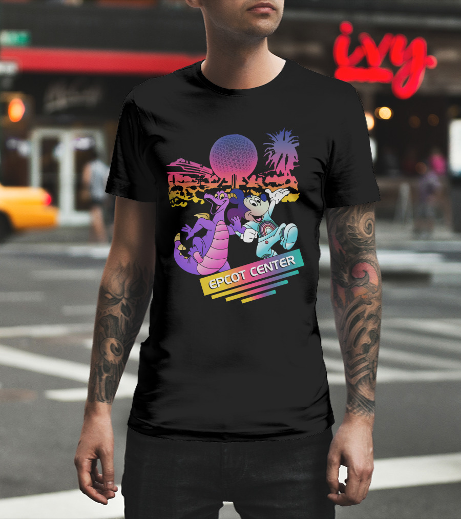 EPCOT CENTER Figment And Mickey Spaceship Earth Retro Spectrum Colors T-Shirt