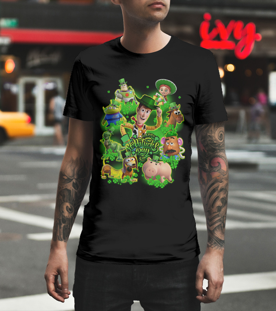 Happy St. Patrick's Day Toy Story Characters In Green Outfits With Shamrocks T-Shirt