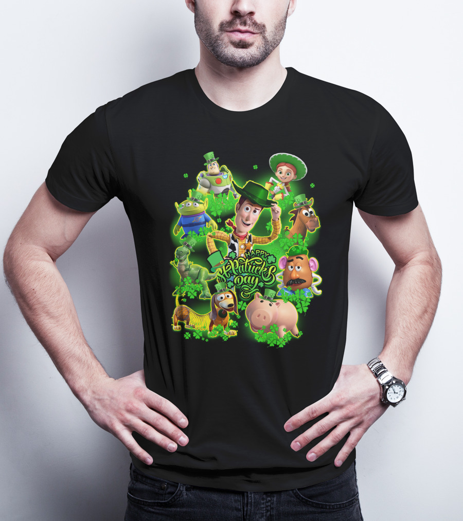 Happy St. Patrick's Day Toy Story Characters In Green Outfits With Shamrocks T-Shirt