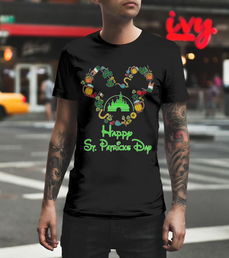 Happy St. Patrick's Day Disney Castle With Shamrock And Beer Icons T-Shirt