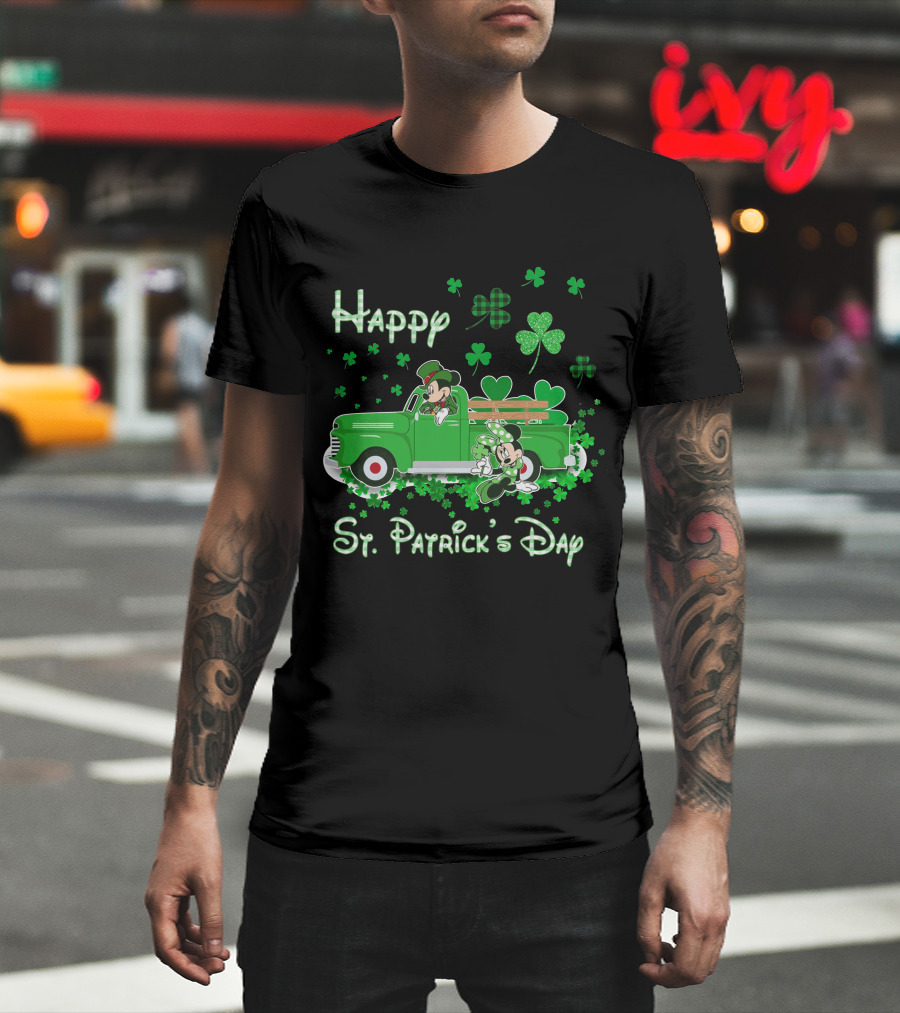 Happy St. Patrick's Day Mickey Mouse Green Truck Shamrocks T-Shirt