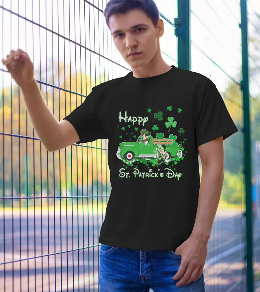 Happy St. Patrick's Day Mickey Mouse Green Truck Shamrocks T-Shirt