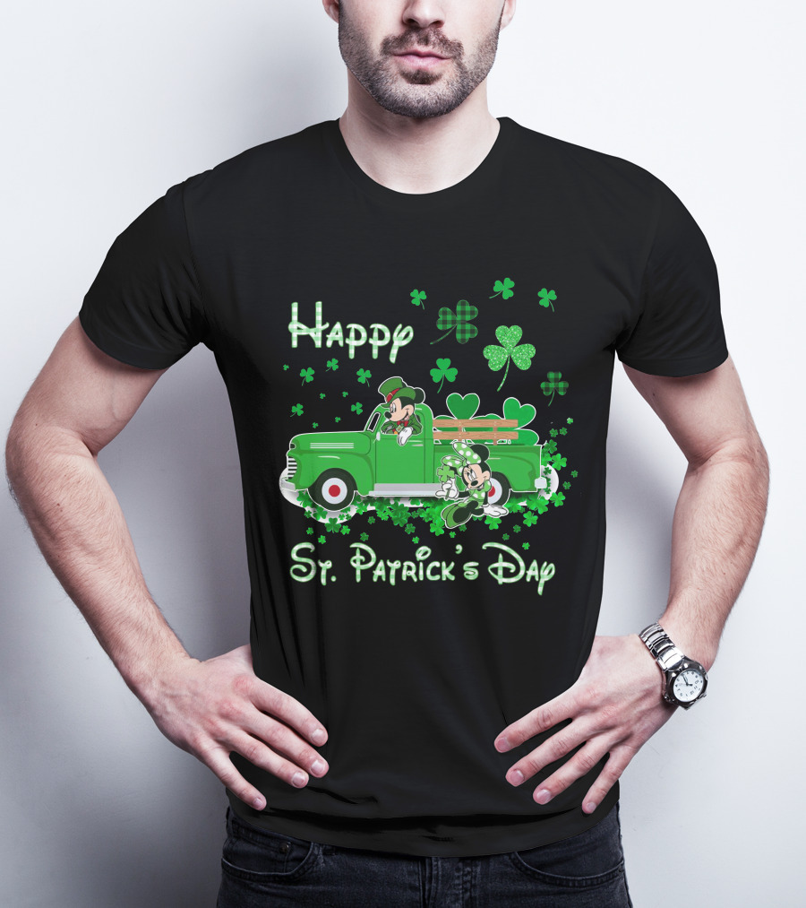 Happy St. Patrick's Day Mickey Mouse Green Truck Shamrocks T-Shirt