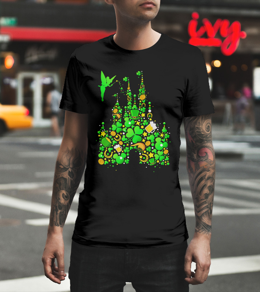 Disney Castle St. Patrick's Day Tinkerbell Leprechaun Hat Clover Coins Beer T-Shirt