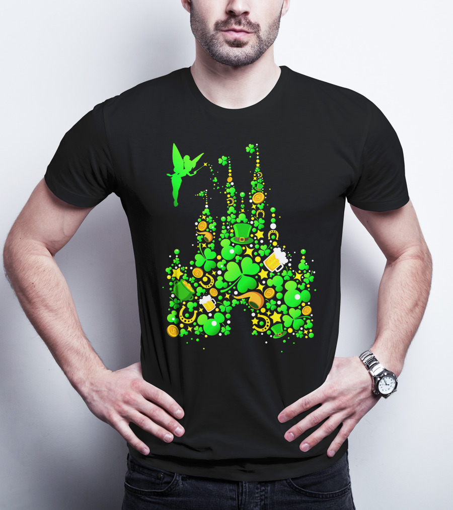 Disney Castle St. Patrick's Day Tinkerbell Leprechaun Hat Clover Coins Beer T-Shirt