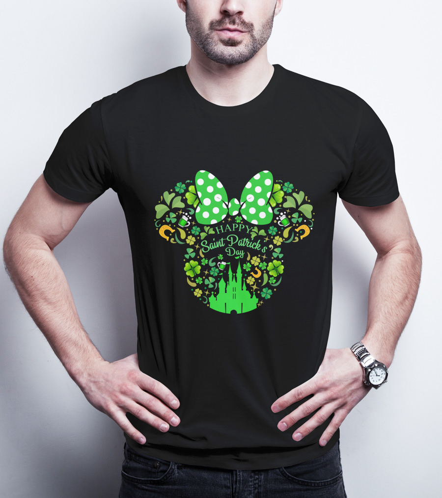 Minnie Mouse Happy Saint Patrick's Day With Shamrocks And Castle T-Shirt