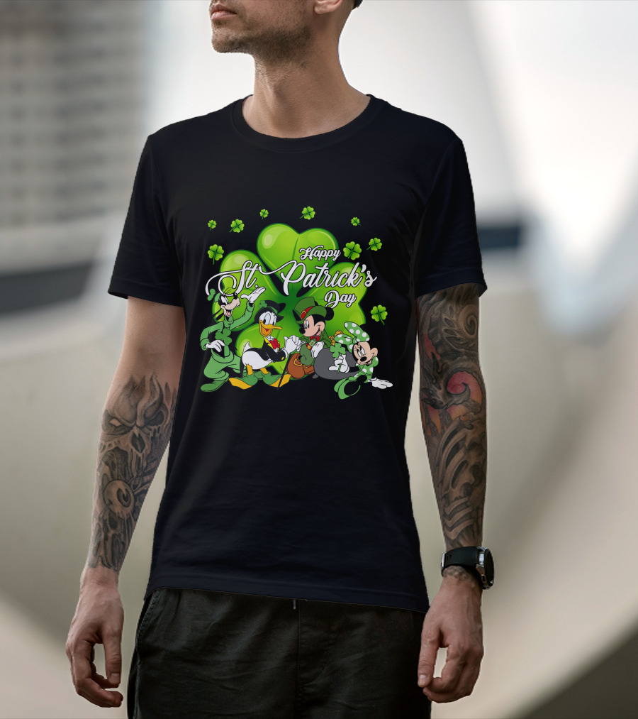 Happy St. Patrick's Day Mickey Mouse Donald Duck Goofy Minnie Mouse With Shamrocks T-Shirt