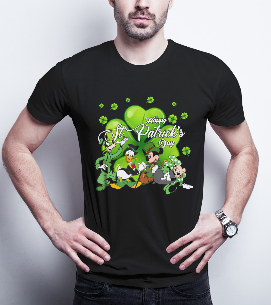 Happy St. Patrick's Day Mickey Mouse Donald Duck Goofy Minnie Mouse With Shamrocks T-Shirt