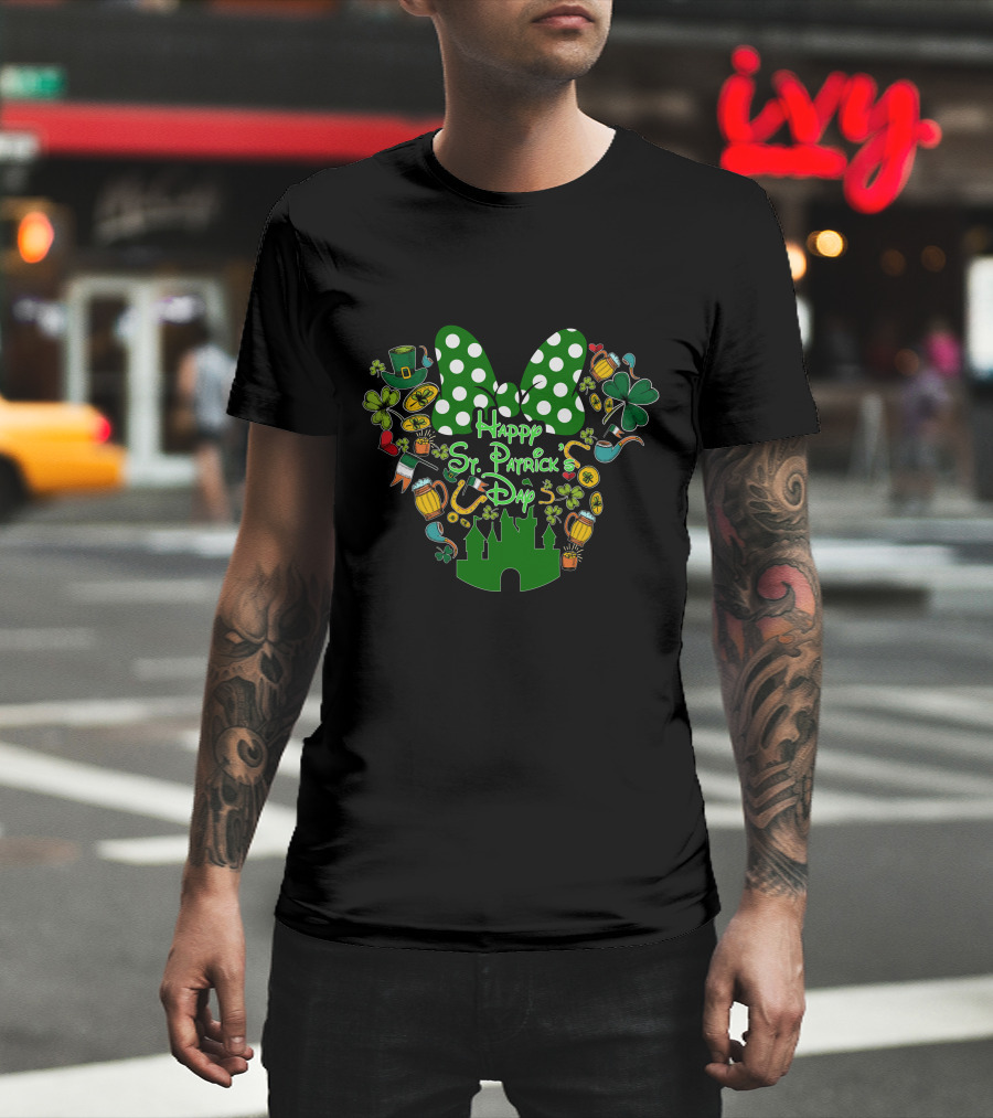 Happy St. Patrick's Day Minnie Mouse Bow Green Castle And Irish Symbols T-Shirt