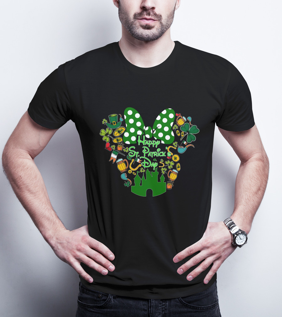 Happy St. Patrick's Day Minnie Mouse Bow Green Castle And Irish Symbols T-Shirt