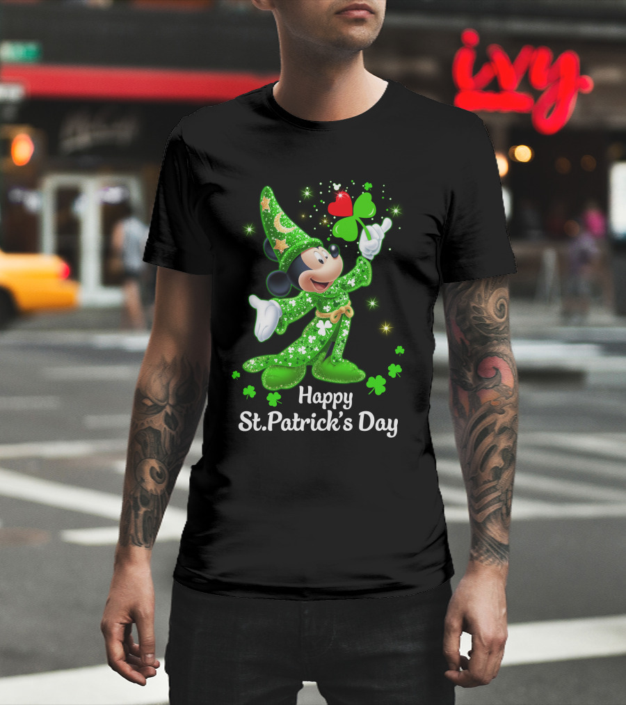 Happy St. Patrick's Day Mickey In Green Wizard Cloak With Clover Magic T-Shirt