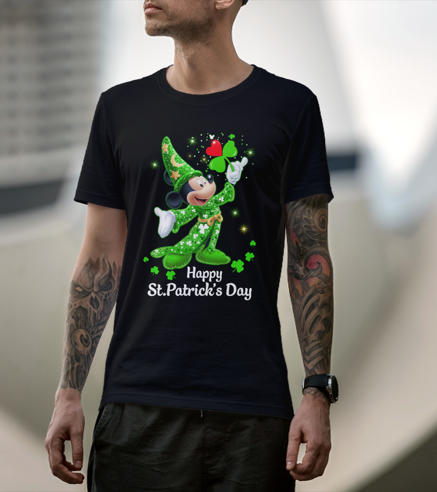 Happy St. Patrick's Day Mickey In Green Wizard Cloak With Clover Magic T-Shirt