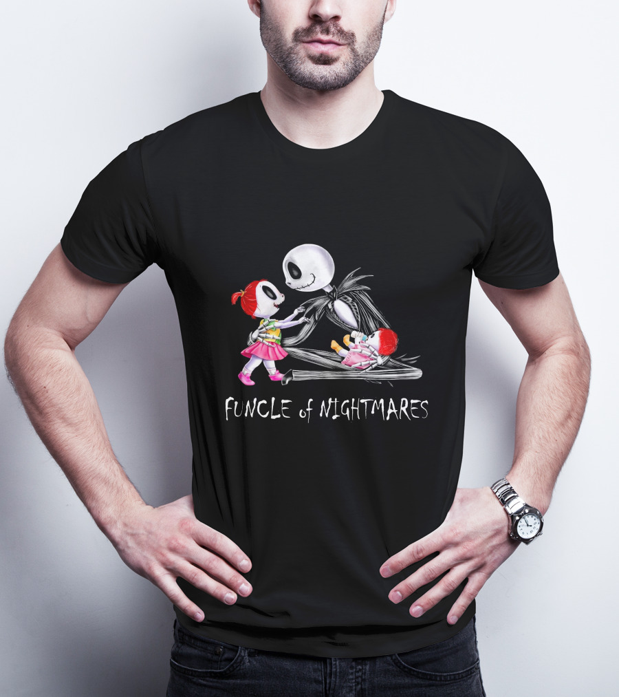Funcle Of Nightmares With Two Girls And Skeleton Character T-Shirt