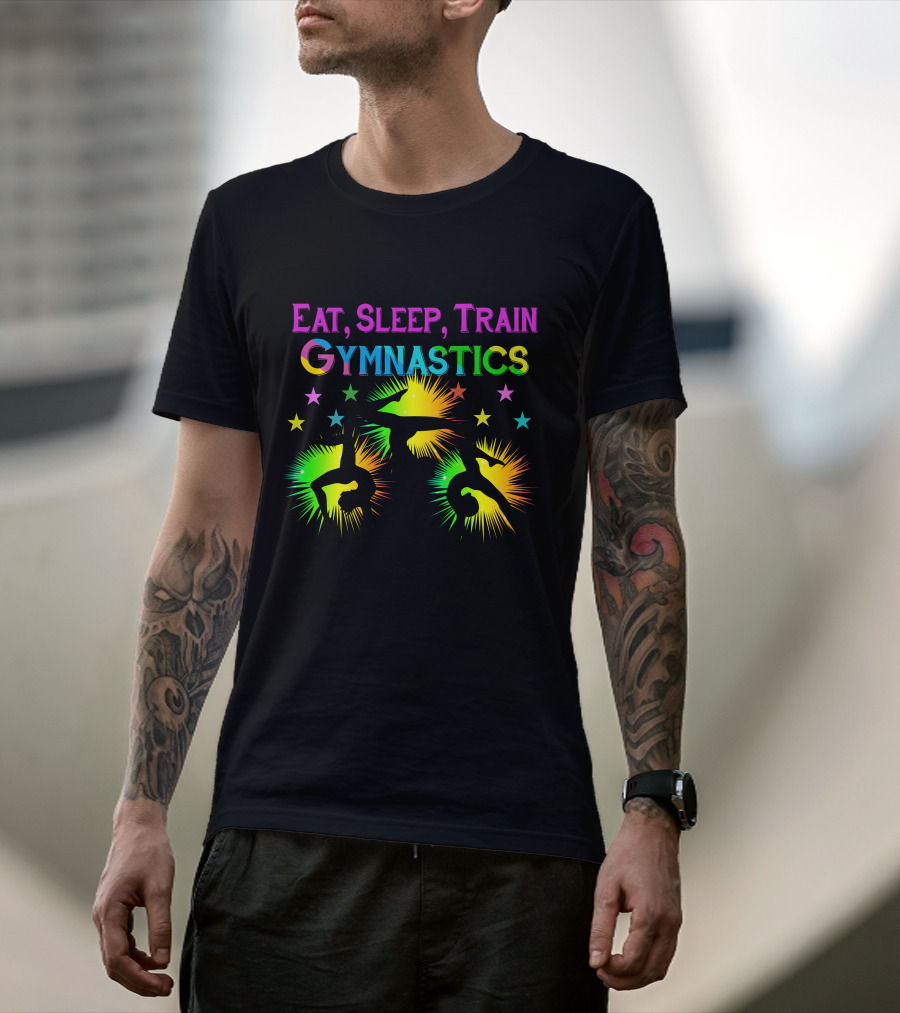 Eat Sleep Train Gymnastics Colorful Silhouette Stars Explosion T-Shirt