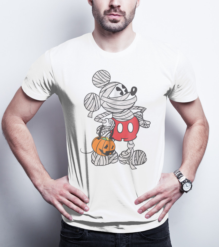 Mickey Mouse Mummy Wrapped With Pumpkin Bucket For Halloween T-Shirt