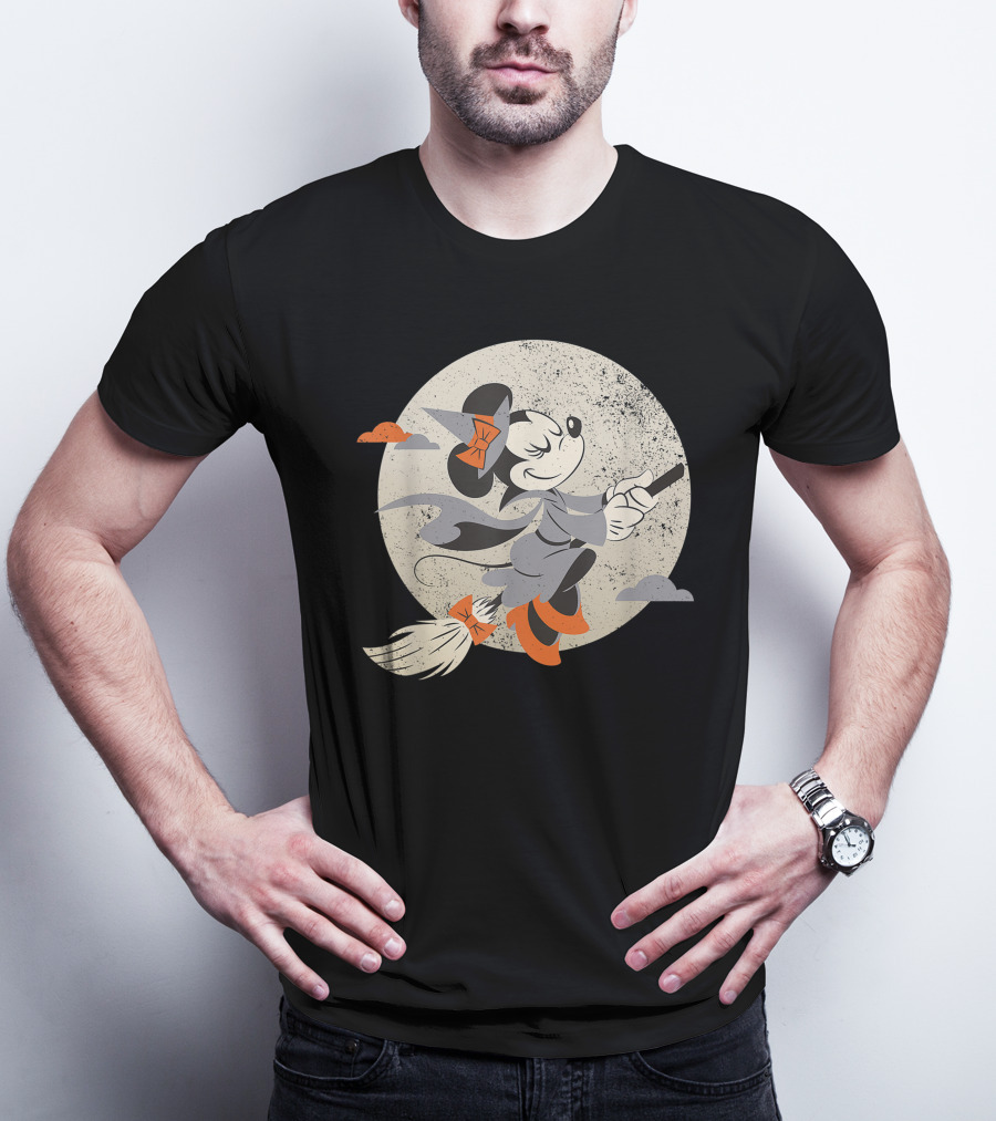 Minnie Mouse Disney Witch Flying On Broomstick Halloween Moon Scene T-Shirt