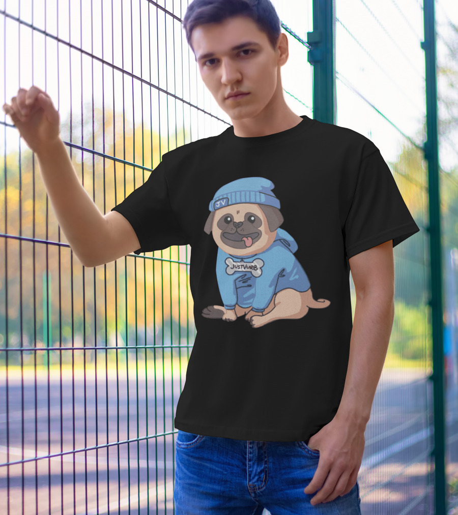 Justvurb JV Pug Dog In Blue Hoodie And Beanie T-Shirt