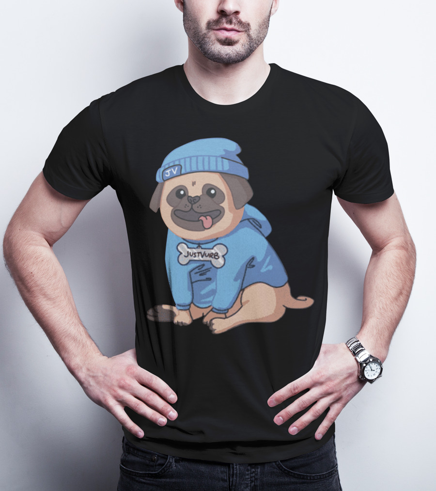 Justvurb JV Pug Dog In Blue Hoodie And Beanie T-Shirt