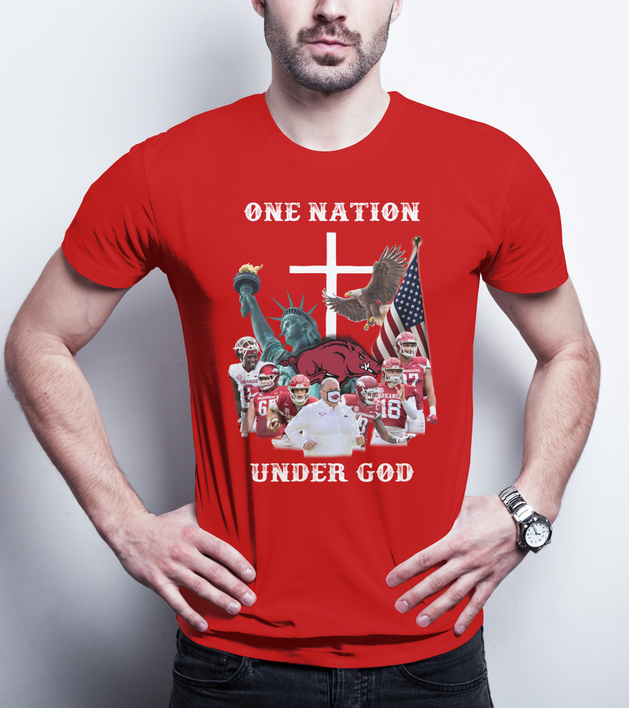 ONE NATION UNDER GOD Arkansas Razorbacks Football Liberty Statue Eagle Flag T-Shirt