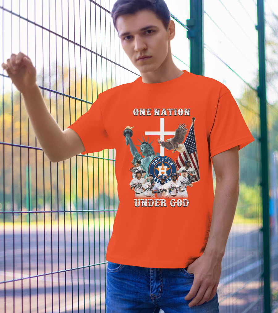 One Nation Under God Houston Astros Statue Of Liberty American Flag T-Shirt