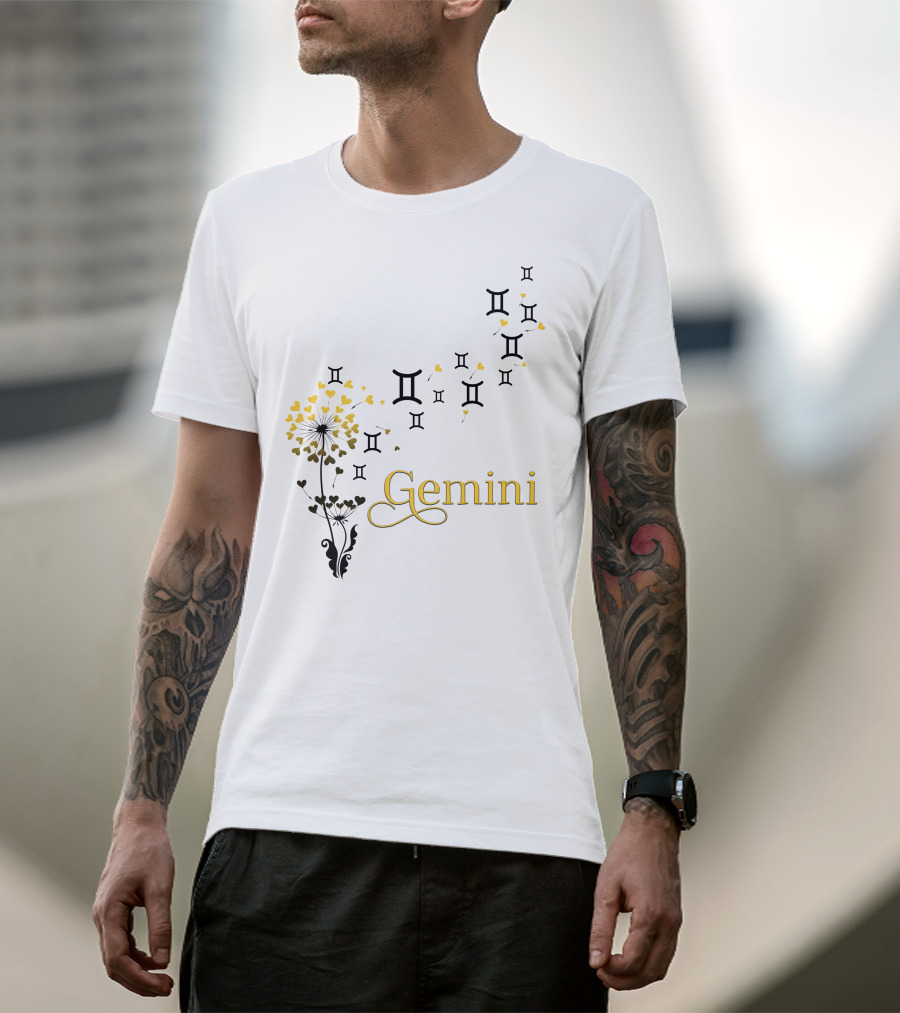 Gemini Zodiac Symbol Flower With Hearts And Emblem Accents T-Shirt